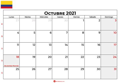 Calendario Octubre 2021 Colombia Para Imprimir