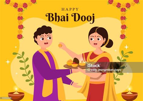 해피 Bhai Dooj 인도 축제 축하 손으로 그린 만화 자매의 일러스트 레이 션 그의 이마에 점으로 형제 보호를 위해기도합니다