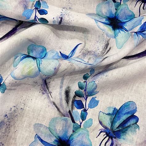 Tissu Lin Imprimé Floral Bleu — Tissus En Ligne