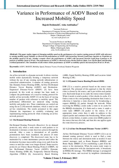 Pdf Variance In Performance Of Aodv Based On Increased Mobility Speed