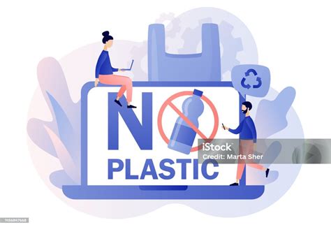 노트북 화면에 플라스틱 표시가 없습니다 플라스틱 쓰레기에 반대하는 작은 사람들 오염을 줄입니다 환경 개념입니다 현대 평면 만화