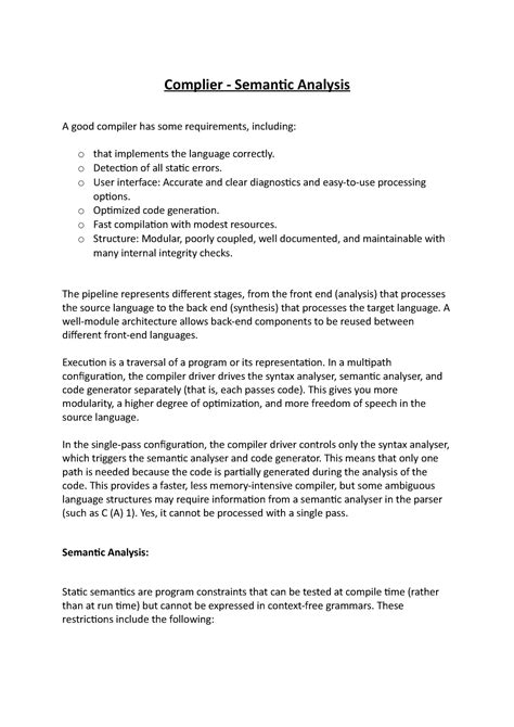 Complier Semantic Analysis O Detection Of All Static Errors O User
