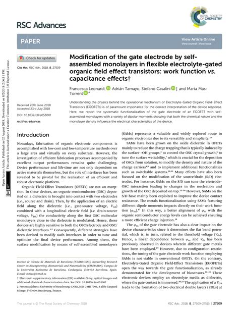 Pdf Modification Of The Gate Electrode By Self Assembled Monolayers In Flexible Electrolyte