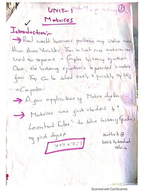 Matrices Unit 1 Notes Complete Bvrit Pdf