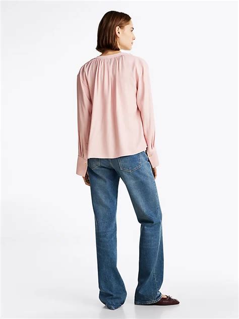 Relaxed Fit Gesmokte Blouse Met V Hals Roze Tommy Hilfiger