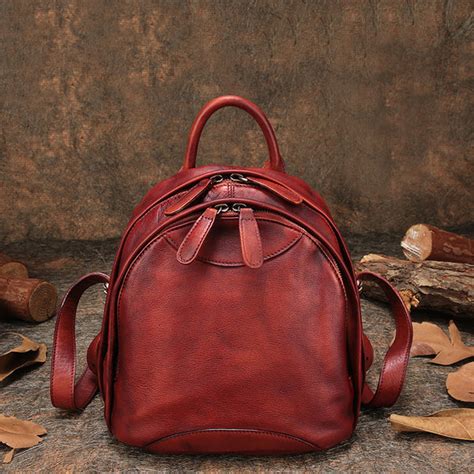 Womens Brown Leather Book Bag Small Backpack Purse For Women