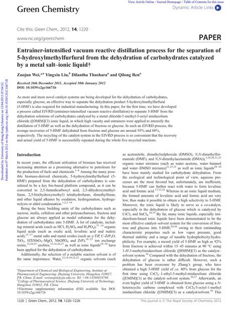 Pdf Entrainer Intensified Vacuum Reactive Distillation Process For The Separation Of 5