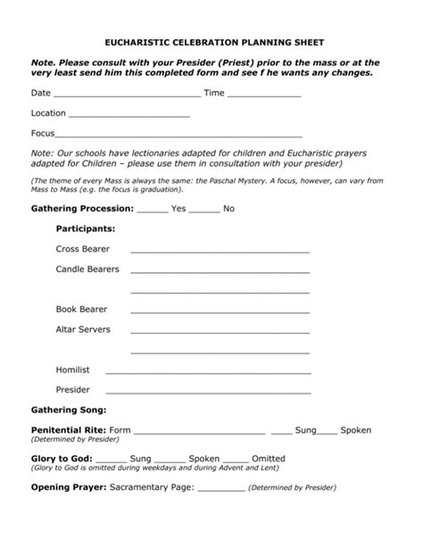Eucharistic Celebration Planning Sheet