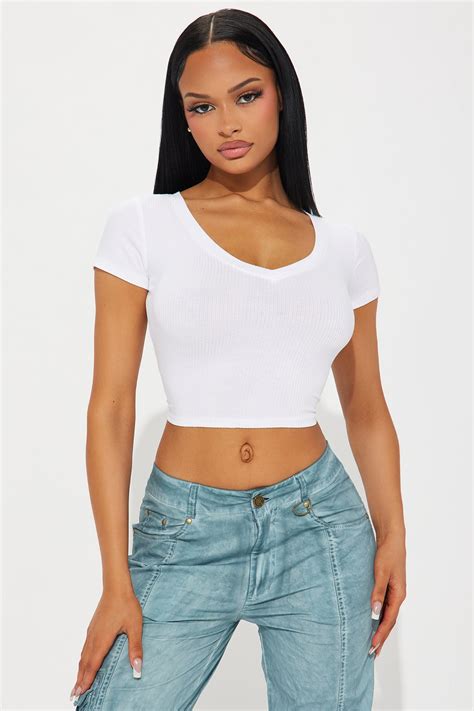 Valerie V Neck Ribbed Tee White Fashion Nova