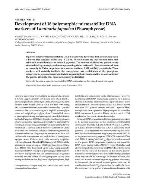Pdf Development Of 18 Polymorphic Microsatellite Dna Markers Of Laminaria Japonica Phaeophyceae