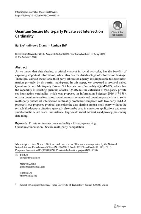 PDF Quantum Secure Multi Party Private Set Intersection Cardinality