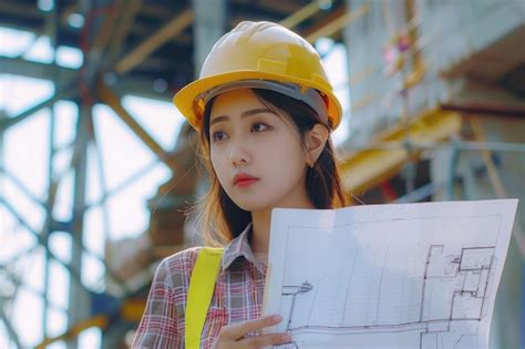 Asian Woman Civil Engineer Supervising Construction Site Premium Ai