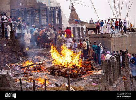 Funeral Pyre At Manikarnika Ghat Varanasi Banaras Benaras Kashi