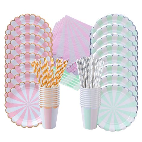 63pcsset Pink Mint Green Paper Striped Tableware Wedding Birthday