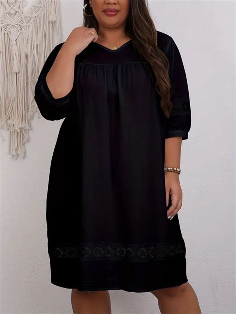 Plus Size Casual Dress Womens Plus Solid Contrast Lace Temu