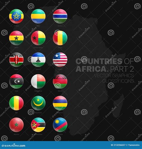 African Countries Flags Vector 3d Glossy Icons Set Isolated On Black