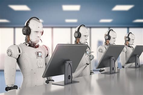 Premium Photo D Rendering Humanoid Robot Working With Headset And Monitor