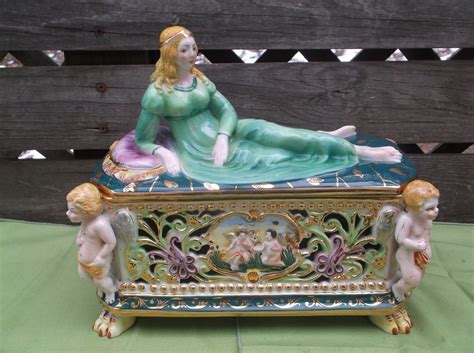 HUGE Vintage CAPODIMONTE FIGURAL JEWELRY BOX DRESSER CASKET Sleeping