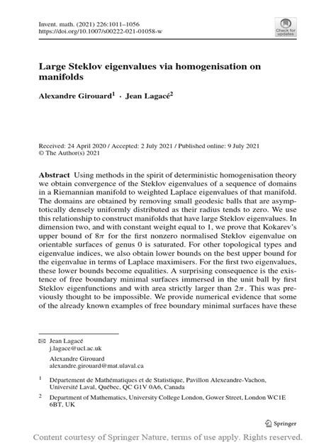 Large Steklov Eigenvalues Via Homogenisation On Ma Pdf Manifold Eigenvalues And Eigenvectors