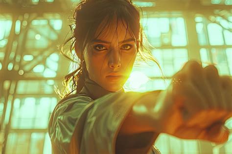 Woman Practicing Martial Arts In A Dojo Captured In A Dynamic Pose Premium Ai Generated Image