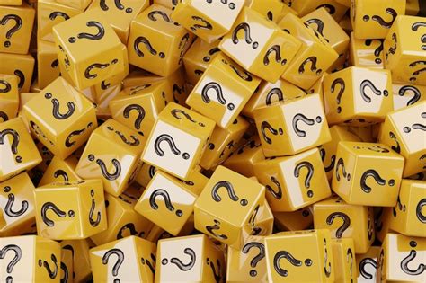 Dados amarillos con signos de interrogación en sus caras ilustración 3d