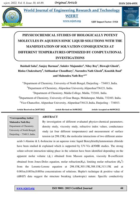 Pdf Physicochemical Studies Of Biologically Potent Molecules In