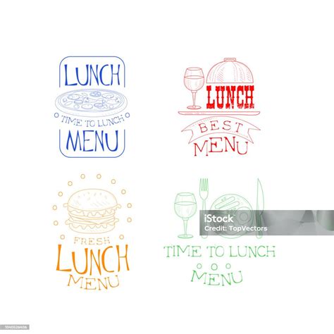 Vectoe 카페 또는 레스토랑 메뉴에 대 한 스케치 로고의 집합입니다 점심 시간입니다 피자 햄버거 물 유리 전통적인 아침 식사와 엠 블 럼 0명에 대한 스톡 벡터 아트 및