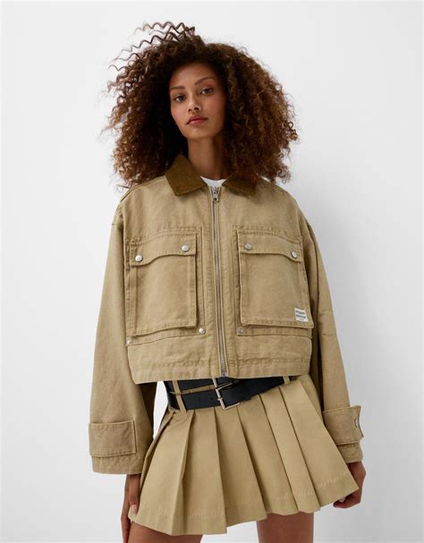 Blouson Cropped Col Contrastant Femme Bershka