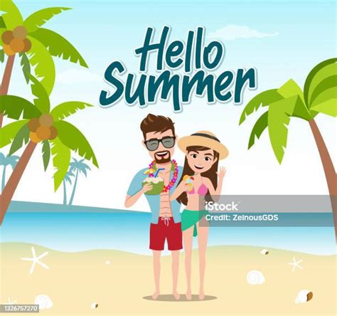 안녕하세요 여름 벡터 컨셉 디자인 신선한 주스를 마시고 해변 배경에서 휴가를 즐기는 동안 서 있는 관광 커플 캐릭터와 함께 안녕하세요 여름 텍스트 개념에 대한 스톡 벡터