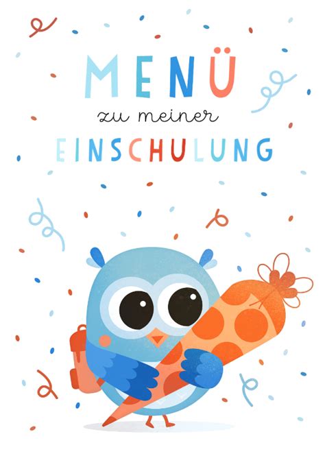 Menükarte Einschulung blaue Eule mit Send a Smile