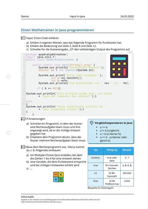 Arbeitsblatt Input In Java Informatik Tutoryde