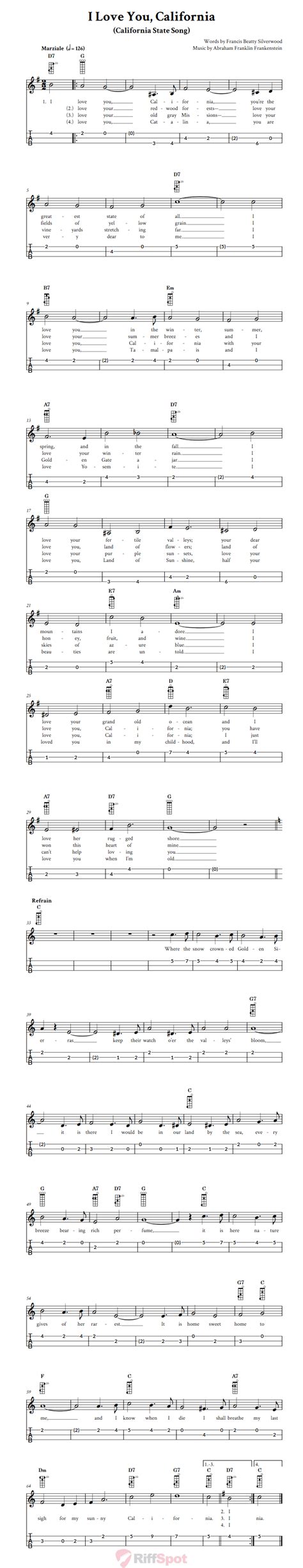 I Love You California Easy 3 String Cigar Box Guitar Sheet Music And