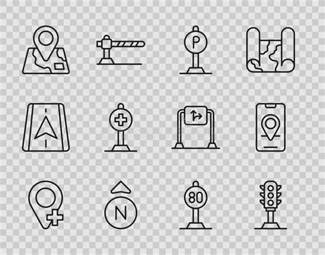 Set Line Location Traffic Light Parking Compass Folded Map With Location Marker Cross