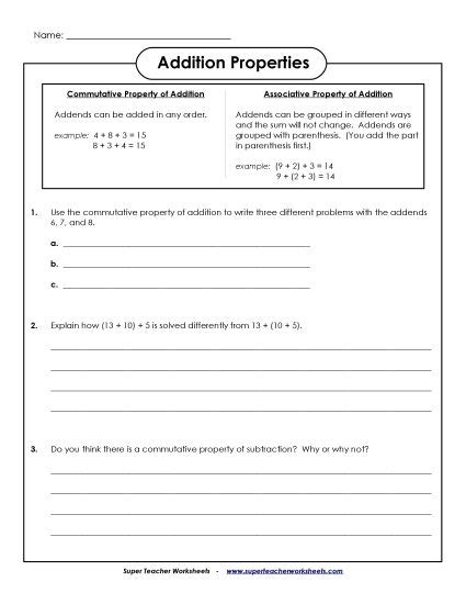 Properties Of Addition Printable Pdf Worksheet