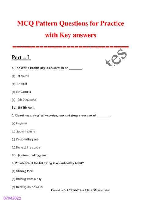 Mcq Sfh Mcq Pattern Questions For Practice With Key Answers