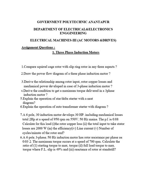 Ac Machines Iii Assignment Questions Pdf Electric Motor