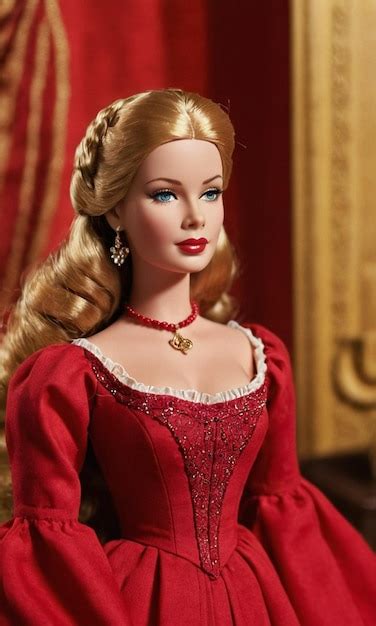 A Model Of A Barbie Doll Wearing A Red Dress With A Gold Pendant