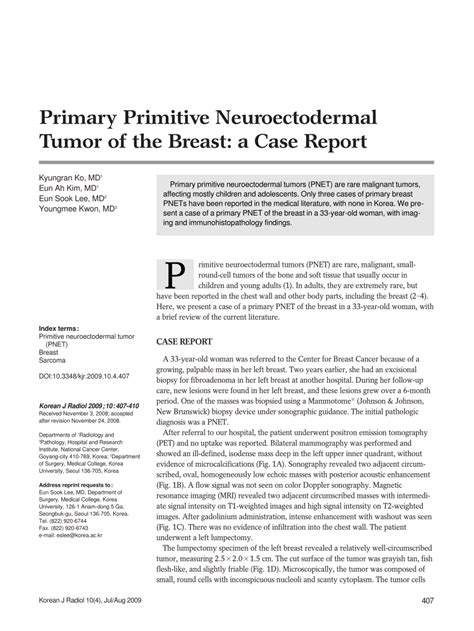 Pdf Primary Primitive Neuroectodermal Tumor Of The Breast A Case Report