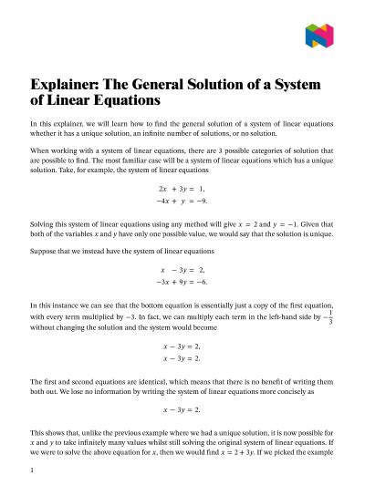 Lesson The General Solution Of A System Of Linear Equations Nagwa