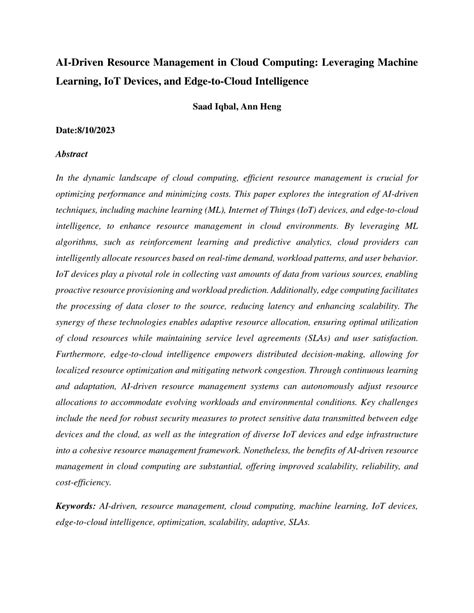 Pdf Ai Driven Resource Management In Cloud Computing Leveraging Machine Learning Iot Devices