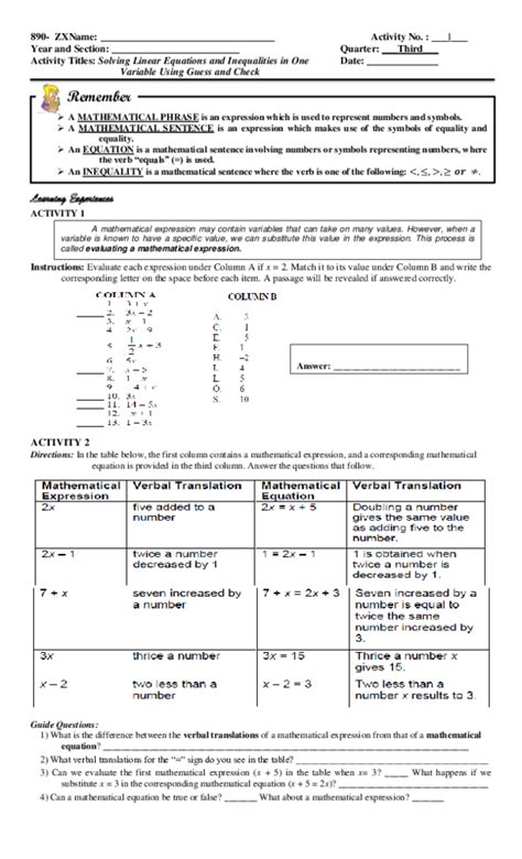 Solving Linear Equations And Inequalities In One Variable Using Guess