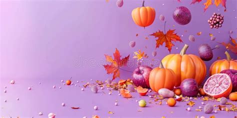 Assorted Pumpkins And Leaves On Purple Background Stock Illustration