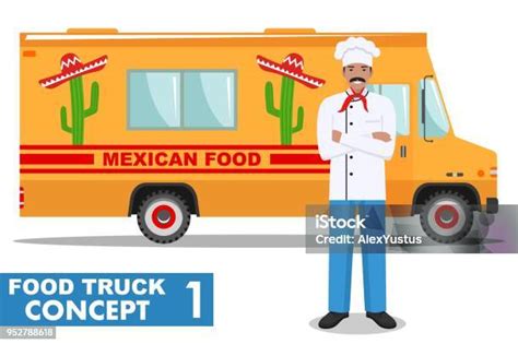 식품 트럭 쿡 수석 요리사 유니폼에서의 평면 디자인 벡터 일러스트 전통적인 멕시코 거리 요리입니다 자동 레스토랑 모바일 주방 뜨거운 패스트 푸드 매운 음식 버 리 토 타코