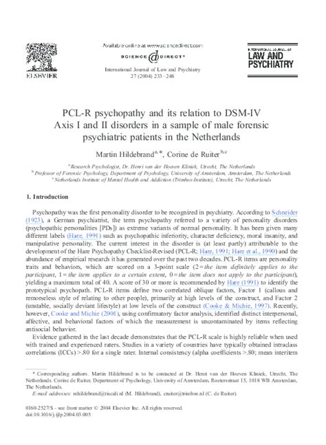 Pdf Pcl R Psychopathy And Its Relation To Dsm Iv Axis I And Ii Disorders In A Sample Of Male