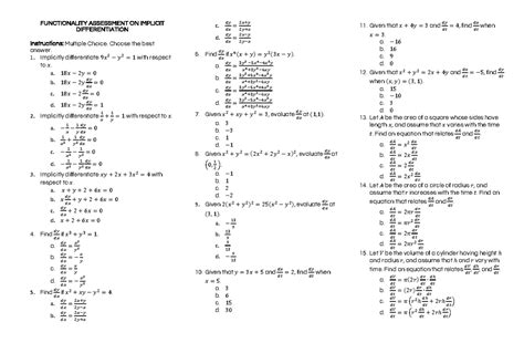 Assessment ON Implicit Differentiation FUNCTIONALITY ASSESSMENT ON