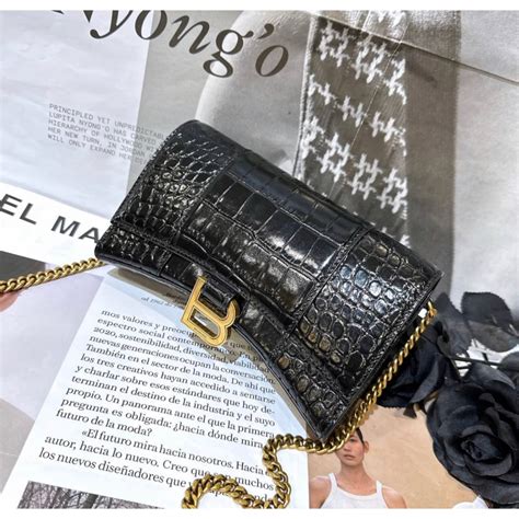 二手旗艦 Balenciaga 黑色 Woc 牛皮 壓鱷魚紋 金釦 沙漏包 鍊包 斜背包 中友店 蝦皮購物