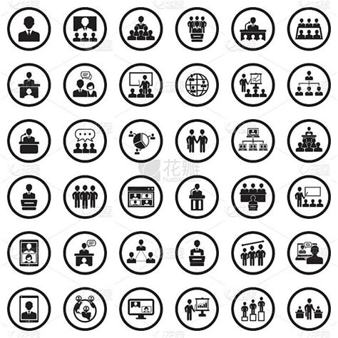 会议，商业和管理图标。圆形黑色平面设计。矢量插图。
