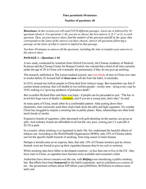 Test Reading Time Permitted Minutes Number Of Questions Directions In This Section