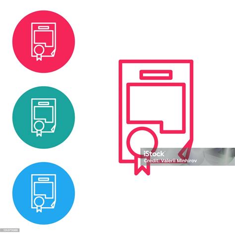 흰색 배경에 격리된 빨간색 줄 인증서 템플릿 아이콘입니다 성취 수상 학위 보조금 졸업장 비즈니스 성공 증명서 원 버튼에 아이콘을 설정합니다 벡터 일러스트레이션 고무도장에