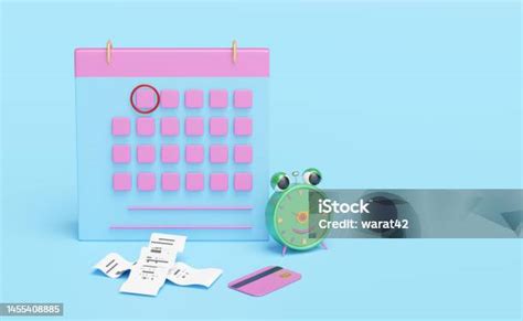 만화 캐릭터 알람 시계 기상 시간 아침 달력 송장 또는 종이 수표 영수증 파란색 배경에 격리된 공간concept 3d 그림 또는 3d 렌더링 3차원 형태에 대한 스톡 사진